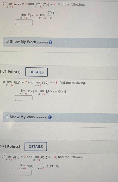 Solved If limx→5R(x)=7 and limx→5C(x)=2, find the following. | Chegg.com