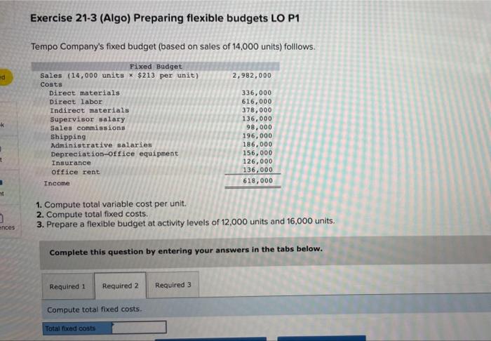 Solved Exercise 21-3 (Algo) Preparing flexible budgets LO P1 | Chegg.com