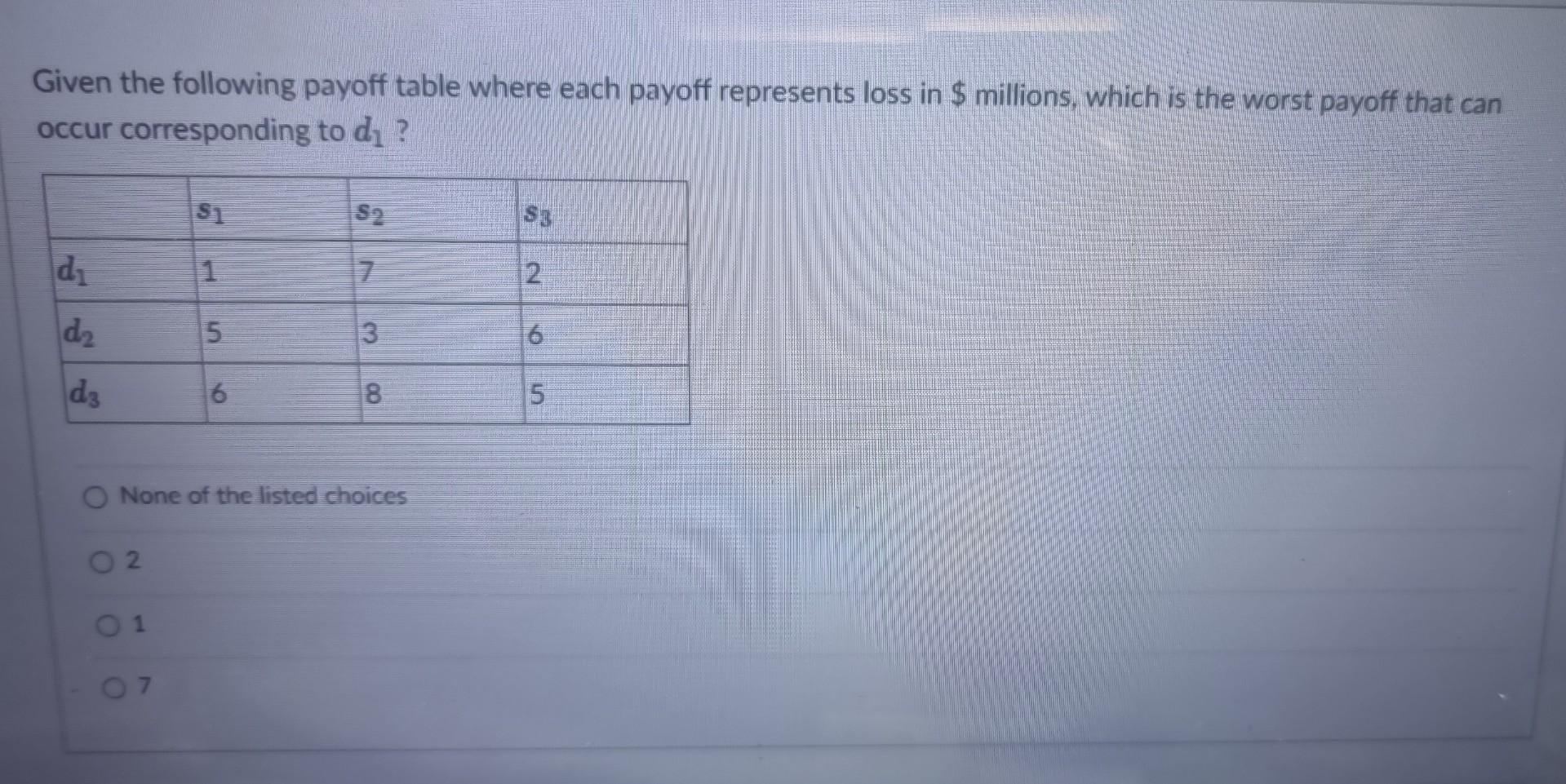 Solved Given the following payoff table where each payoff | Chegg.com