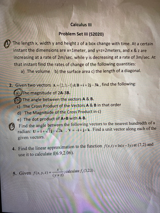 Solved Calculus III Problem Set III (S2020) The length x | Chegg.com