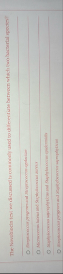 Solved The Novobiocin test we discussed is commonly used to | Chegg.com