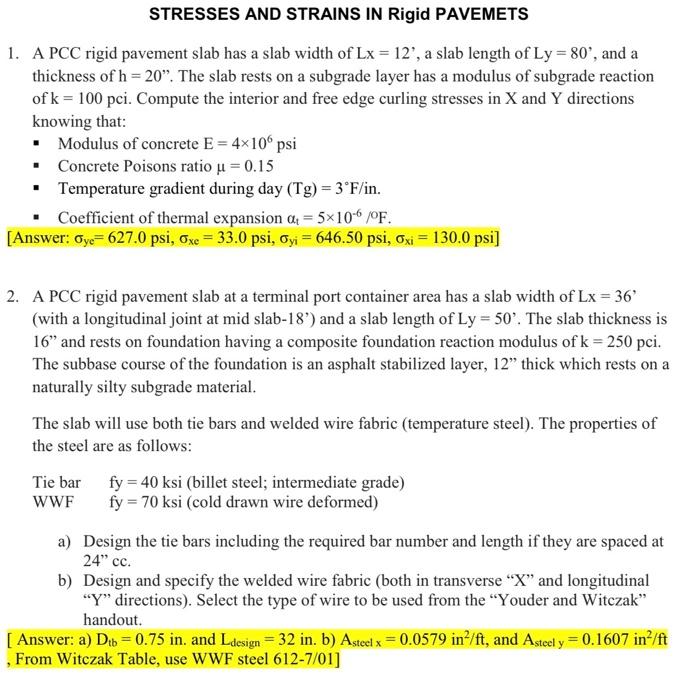Solved A PCC rigid pavement slab has a slab width of Lx=12′, | Chegg.com