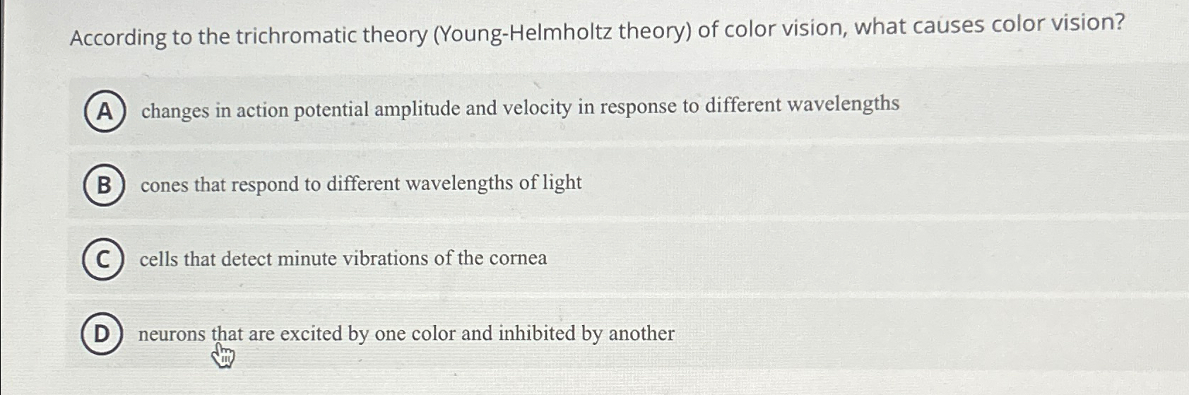 Solved According to the trichromatic theory (Young-Helmholtz | Chegg.com Solved According to the trichromatic theory (Young-Helmholtz | Chegg.com