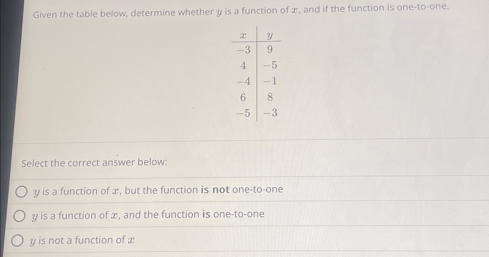 Solved Given the table below, determine whether y ﻿is a | Chegg.com
