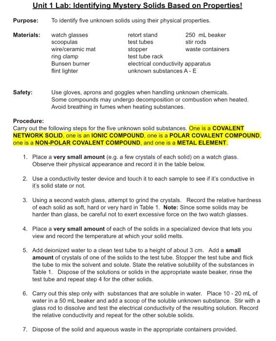 Solved Unit 1 Lab: Identifying Mystery Solids Based on | Chegg.com