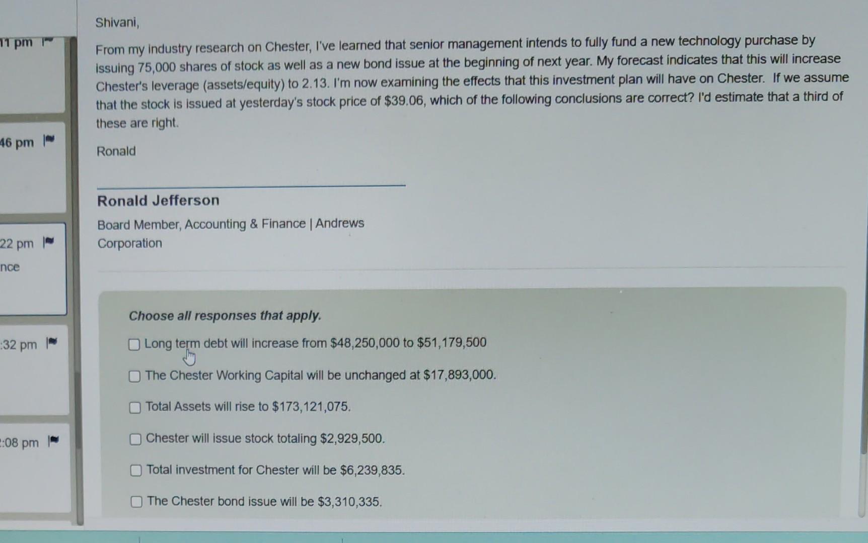 Solved Shivani, From my industry research on Chester, I've | Chegg.com