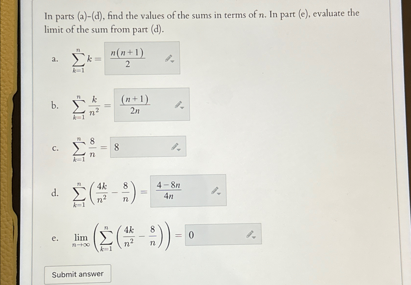 Solved In parts (a)-(d), ﻿find the values of the sums in | Chegg.com