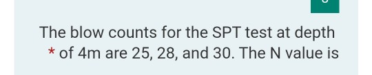 Solved The blow counts for the SPT test at depth * of 4m are | Chegg.com