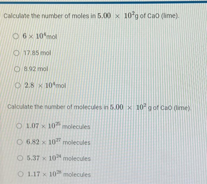 Solved Calculate the number of moles in 5.00 × 10²g of CaO | Chegg.com