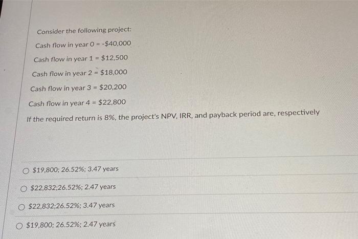 Solved Consider the following project: Cash flow in year | Chegg.com