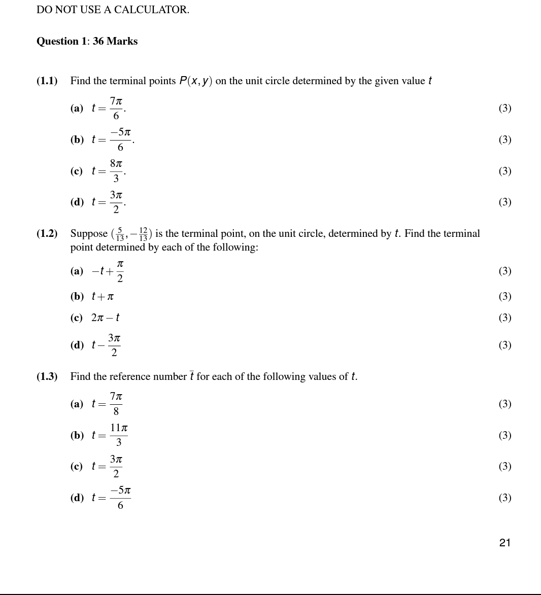 Solved DO NOT USE A CALCULATOR.Question 1: 36 ﻿Marks(1.1) | Chegg.com