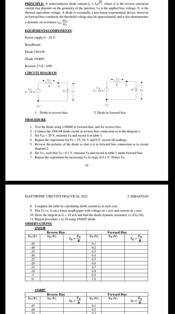 Solved PRINCIPLE: A semiconductor diode current Ip = Iser, | Chegg.com