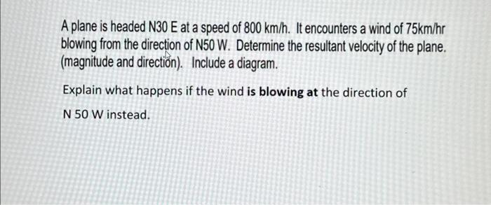 Solved A plane is headed N30 E at a speed of 800 km/h. It | Chegg.com