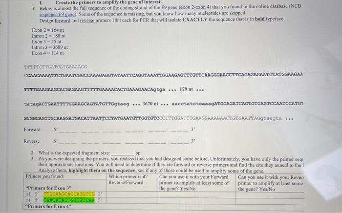 Solved I. Create the primers to amplify the gene of | Chegg.com