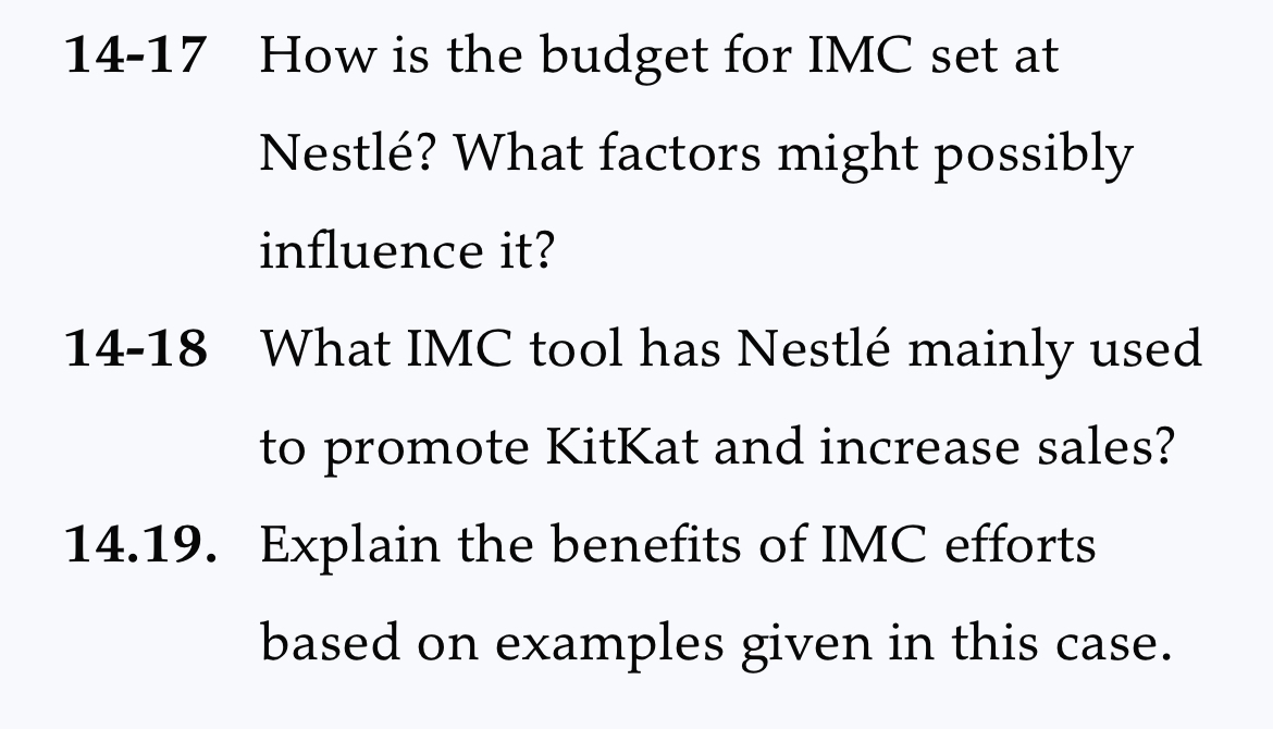 Solved 14-17 ﻿How is the budget for IMC set at Nestlé? ﻿What | Chegg.com
