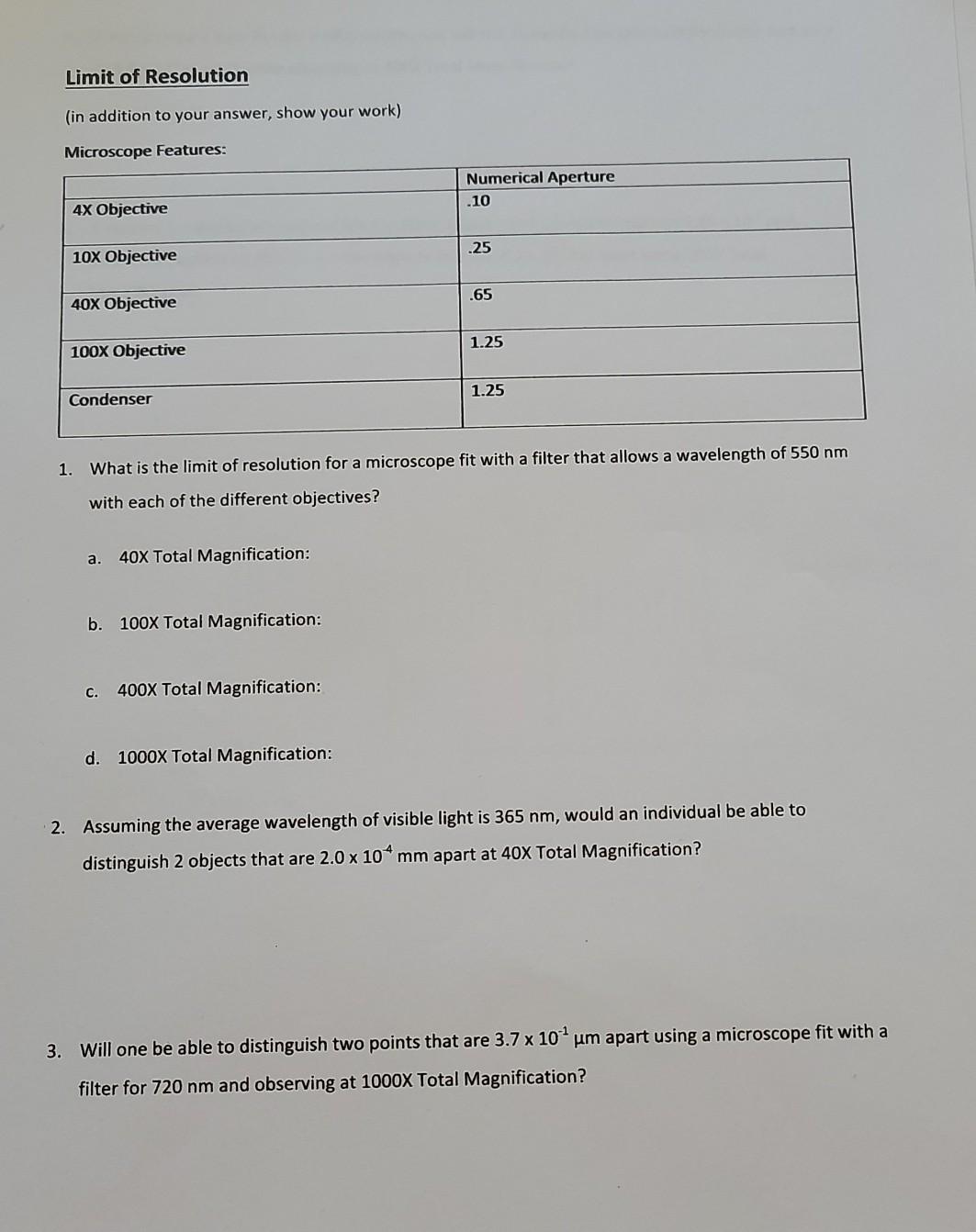 Solved Limit of Resolution (in addition to your answer, show | Chegg.com