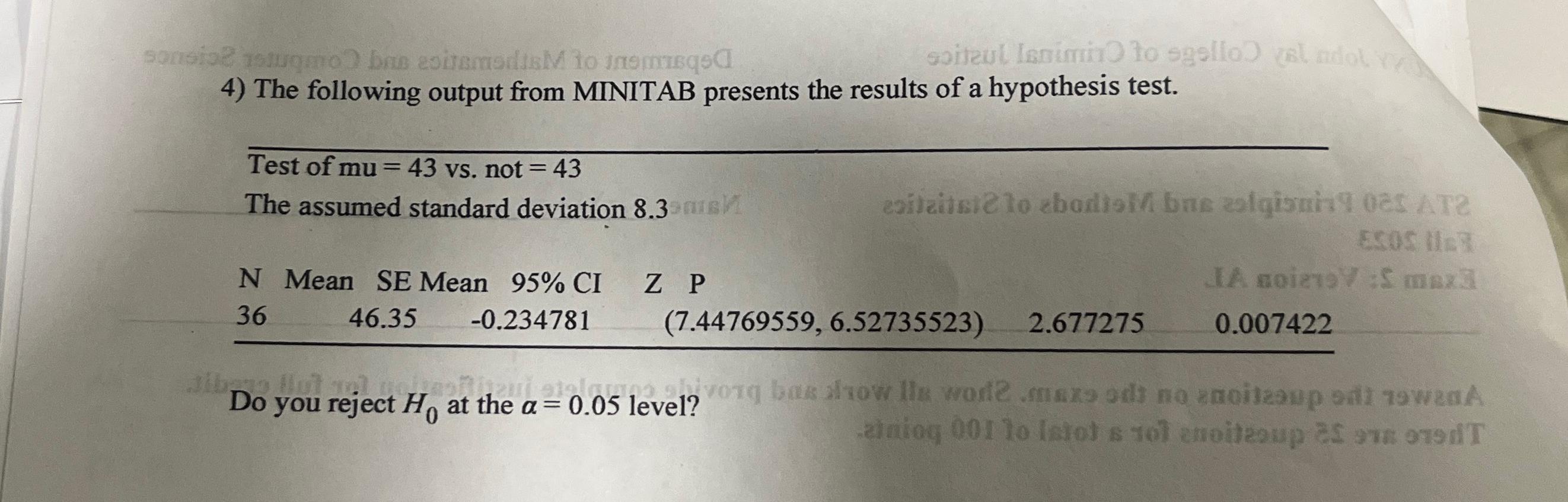Solved The following output from MINITAB presents the | Chegg.com
