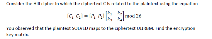 Solved Consider the Hill cipher in which the ciphertext is | Chegg.com