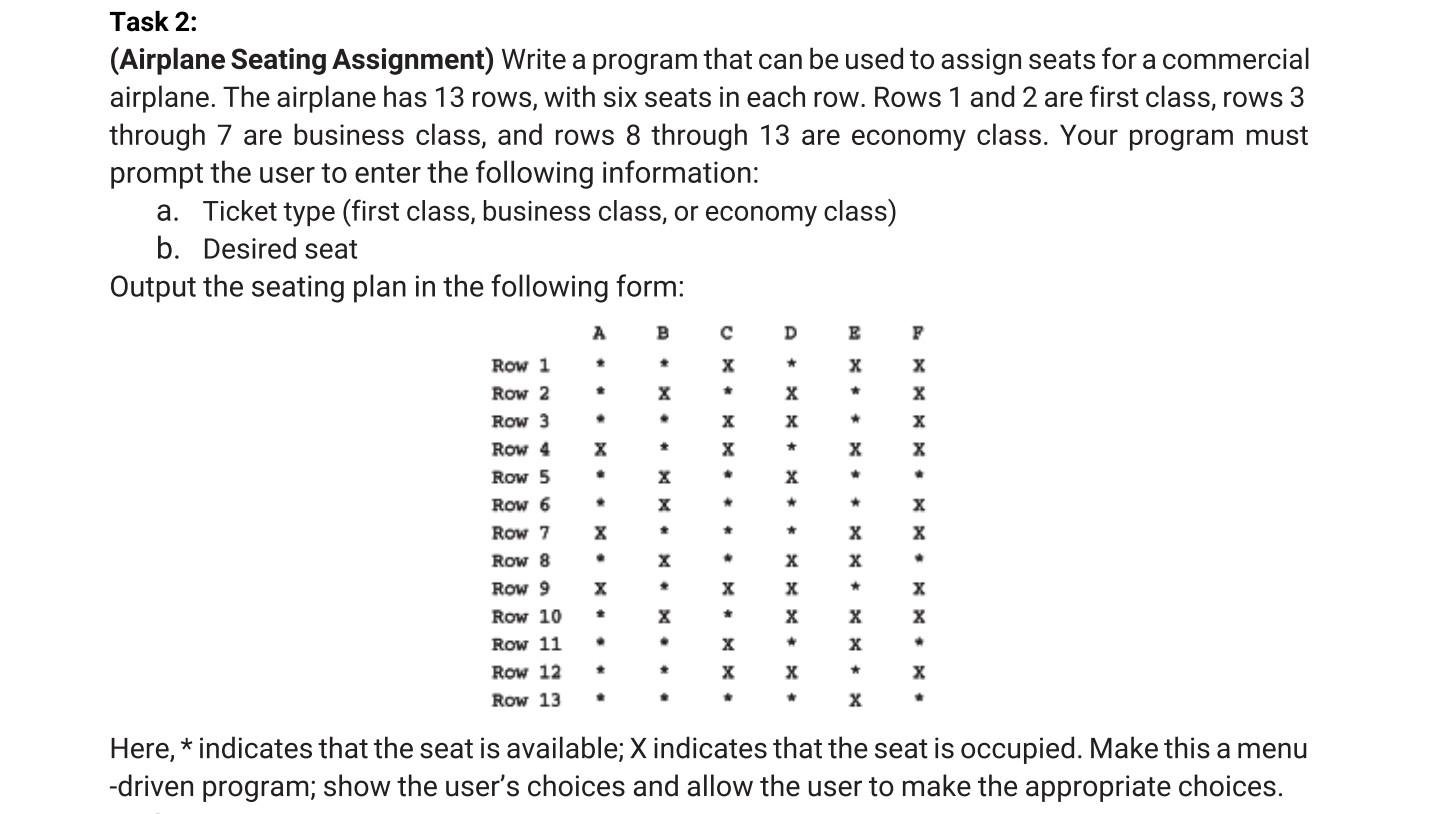 Solved Task 2: (Airplane Seating Assignment) Write a program | Chegg.com
