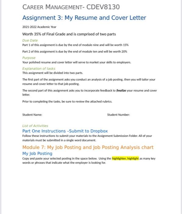 Solved CAREER MANAGEMENT- CDEV8130 Assignment 3: My Resume | Chegg.com
