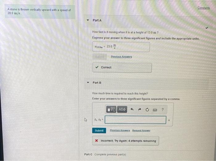 Solved Constants A stone is thrown vertically upward with a | Chegg.com