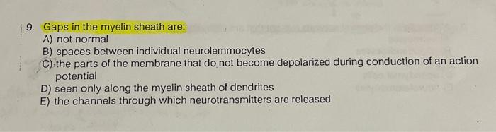 Solved 9. Gaps in the myelin sheath are: A) not normal B) | Chegg.com