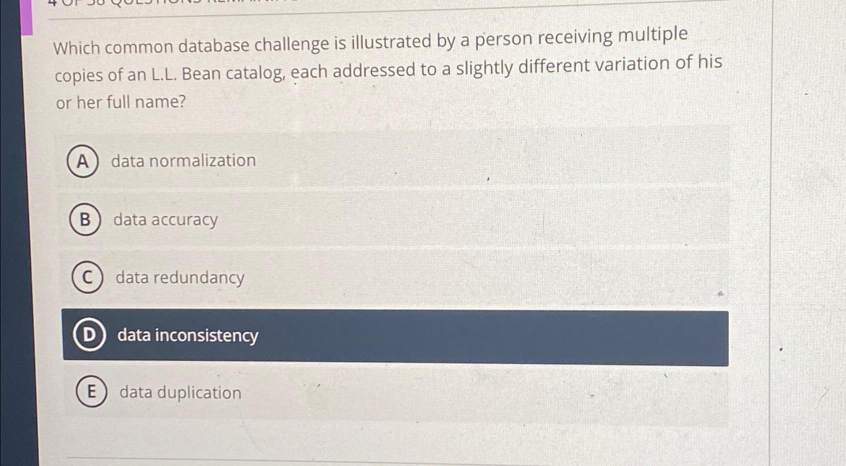 Solved Which common database challenge is illustrated by a | Chegg.com