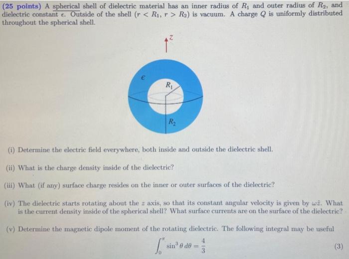 Solved (25 points) A spherical shell of dielectric material | Chegg.com