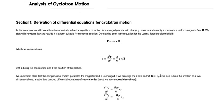 Analysis of Cyclotron Motion Sectiont: Derivation of | Chegg.com
