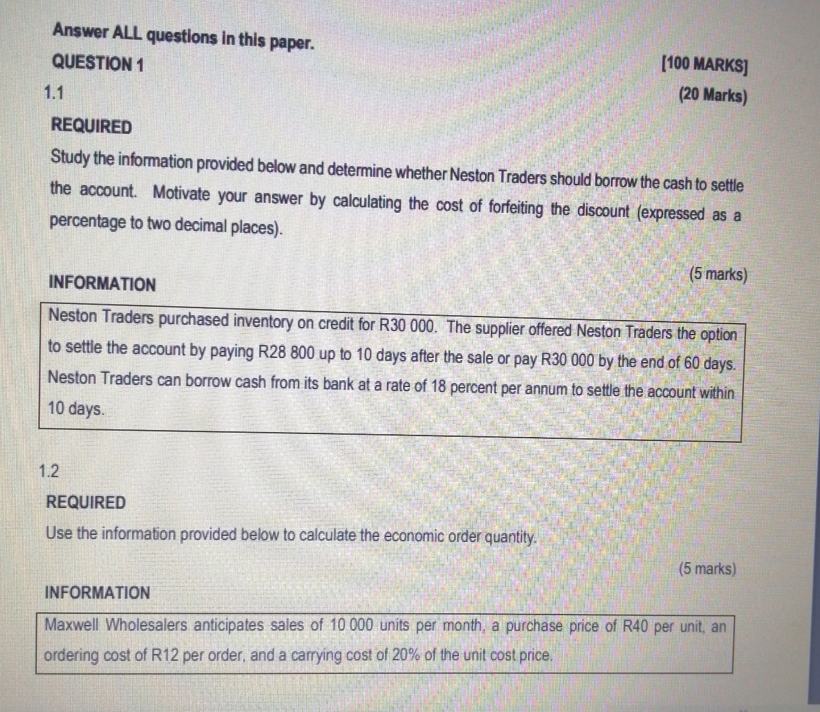 Solved Answer ALL questions in this paper.QUESTION 1[100 | Chegg.com