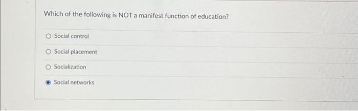 Which of the following is NOT a manifest function of | Chegg.com
