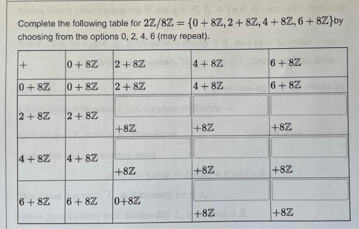 Solved = Complete the following table for 2Z/8Z = {0+8Z, 2 | Chegg.com