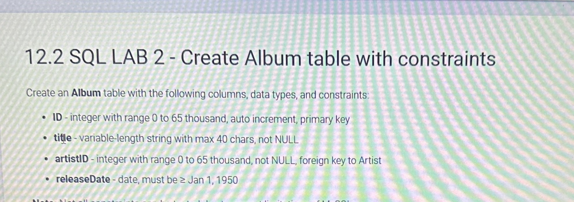 Solved 12.2 ﻿SQL LAB 2 - ﻿Create Album table with | Chegg.com