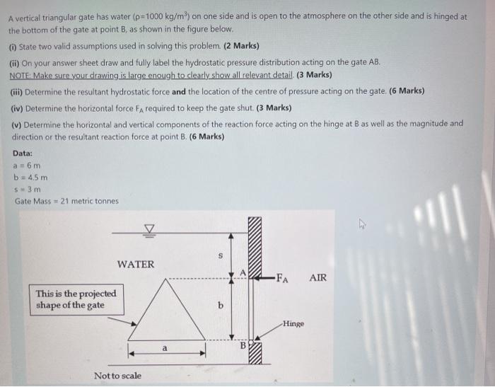 Solved A vertical triangular gate has water (p=1000 kg/m) on | Chegg.com