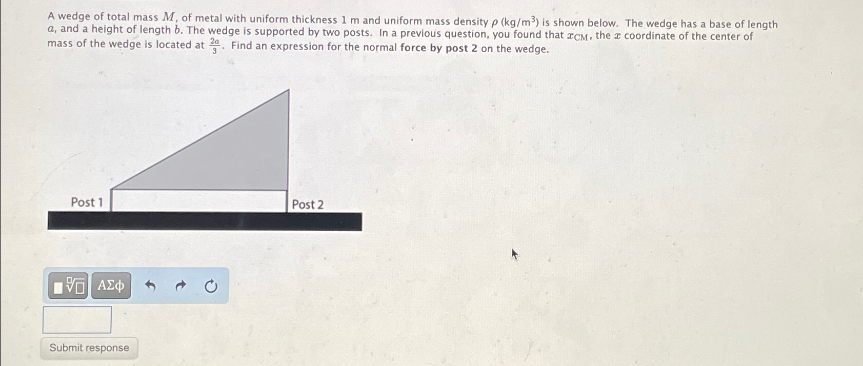 Solved A wedge of total mass M, ﻿of metal with uniform | Chegg.com