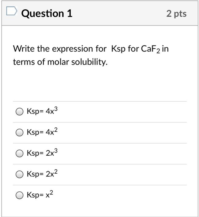 Solved Question 1 2 pts Write the expression for Ksp for | Chegg.com