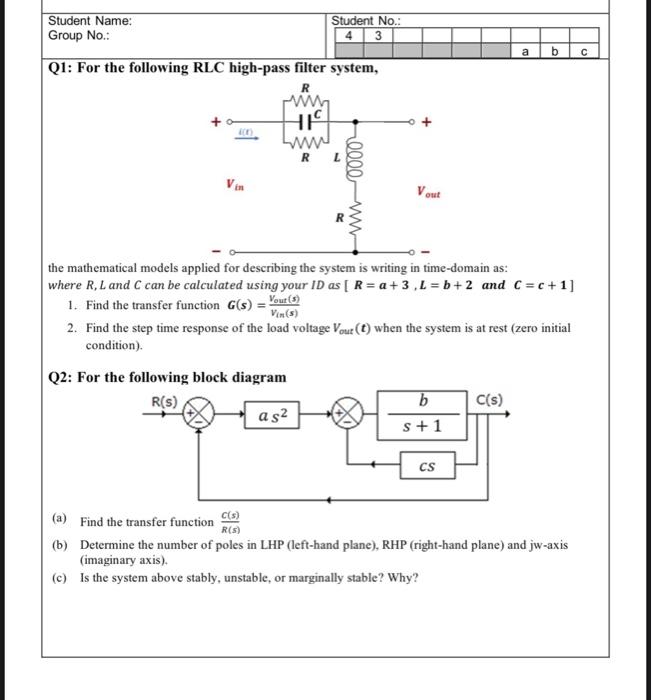 Solved Q1 For The Following Rlc High Pass Filter System 7818