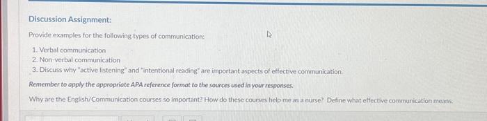 Solved Discussion Assignment: Provide examples for the | Chegg.com