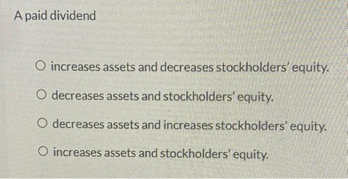 Solved A paid dividend O increases assets and decreases | Chegg.com