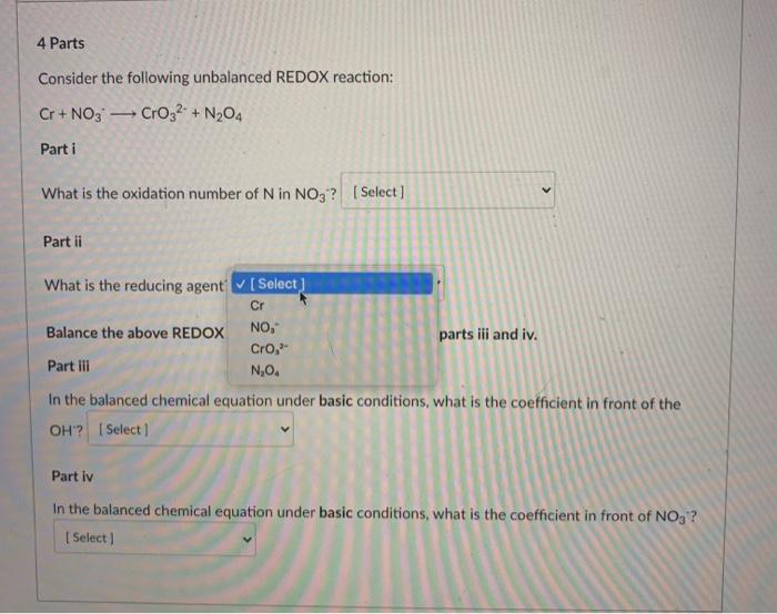 Solved 4 Parts Consider the following unbalanced REDOX | Chegg.com