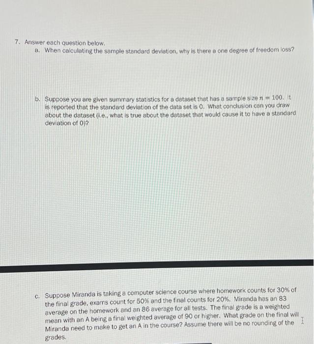 Solved 7. Answer each question below. a. When calculating | Chegg.com