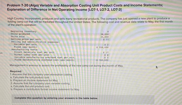 Solved Problem 7-20 (Algo) Variable and Absorption Costing | Chegg.com Solved Problem 7-20 (Algo) Variable and Absorption Costing | Chegg.com