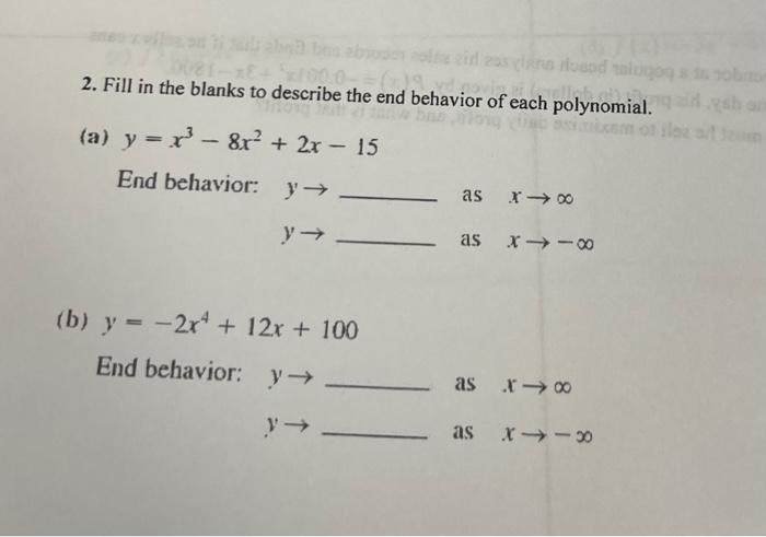 Solved 2. Fill in the blanks to describe the end behavior of | Chegg.com