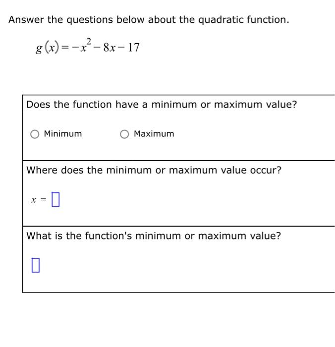 Solved Answer the questions below about the quadratic | Chegg.com