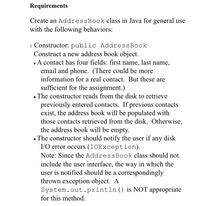 Solved Requirements Create an Address Book class in Java for | Chegg.com