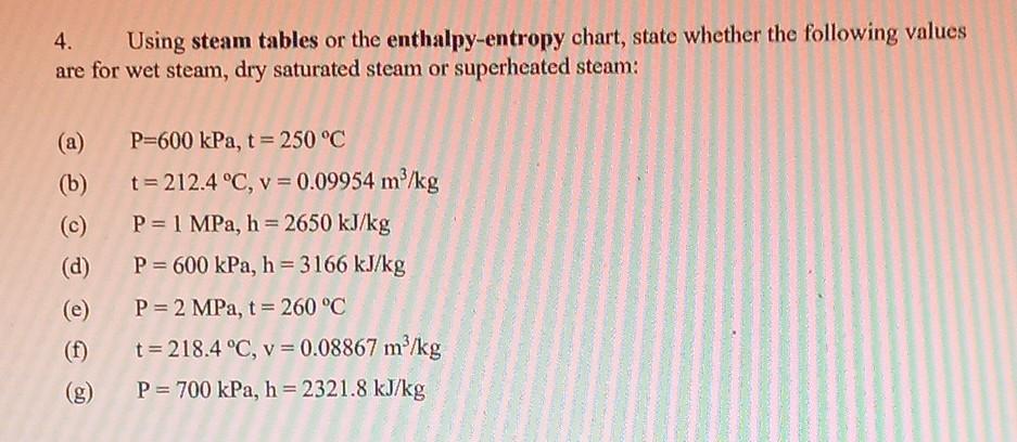 Solved 4. Using steam tables or the enthalpy-entropy chart, | Chegg.com