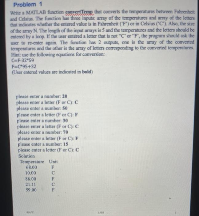 Solved Problem 1 Write a MATLAB function convertTemp that | Chegg.com