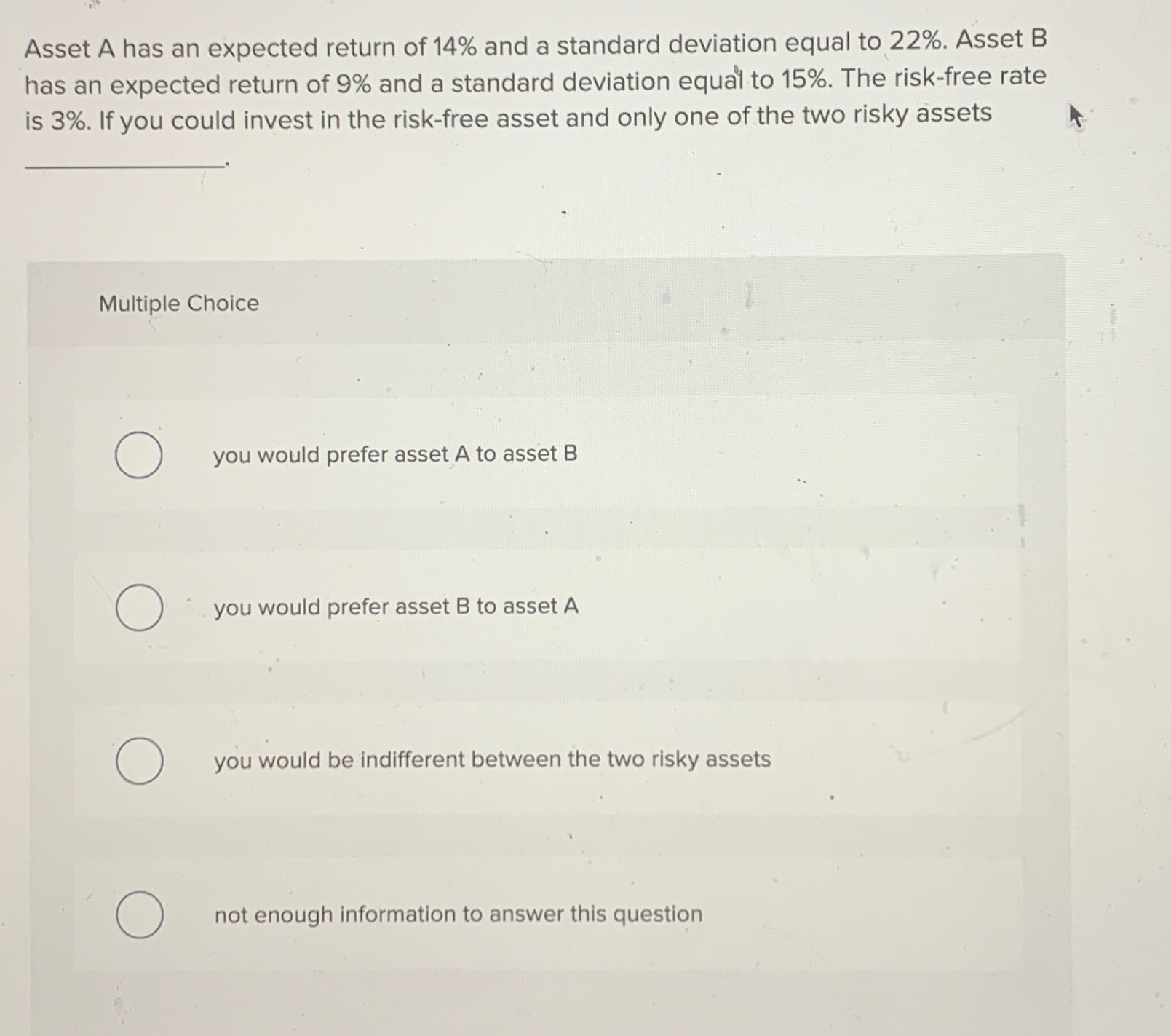 Solved Asset A has an expected return of 14% ﻿and a standard | Chegg.com