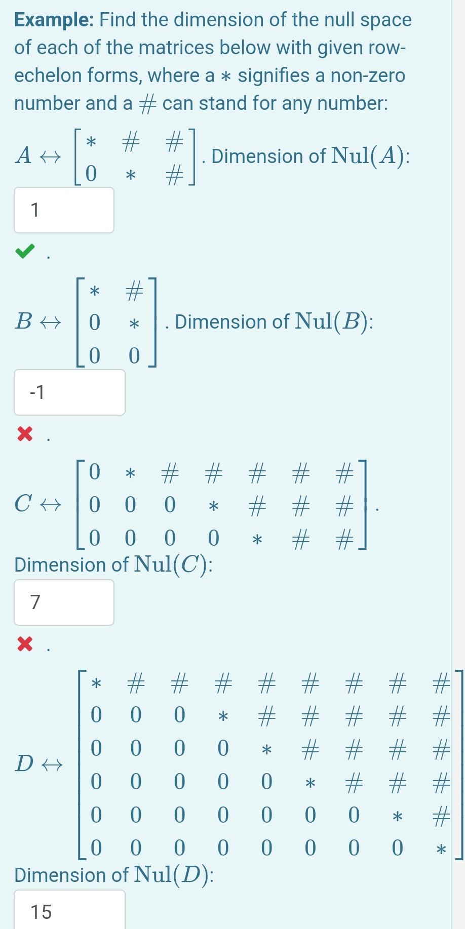 Solved Example: Find the dimension of the null space of each | Chegg.com