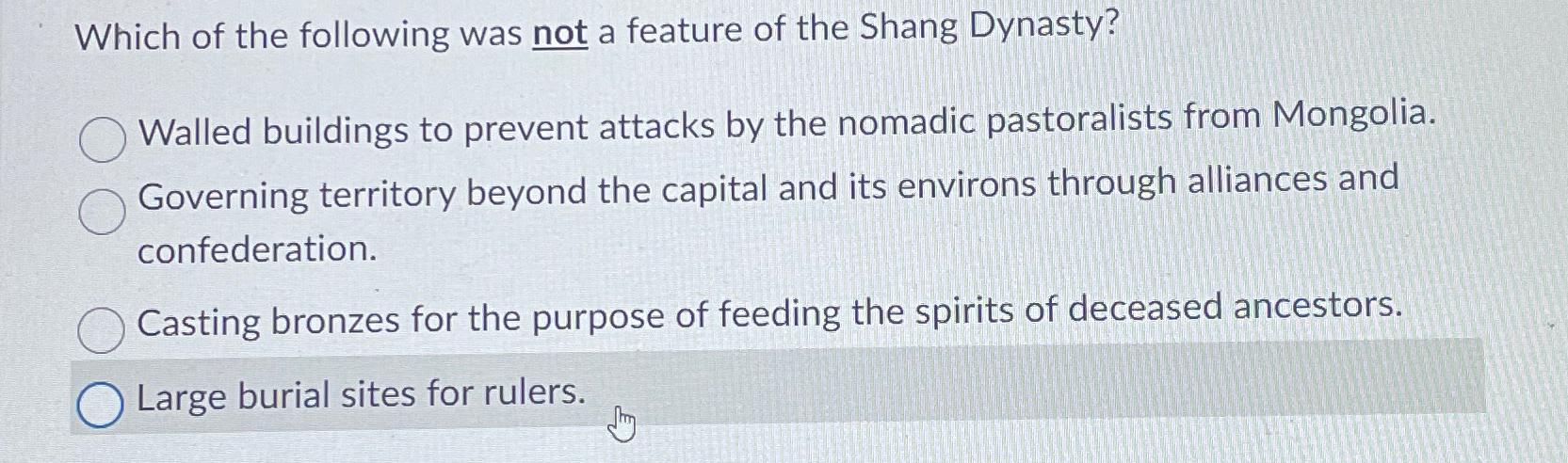 Solved Which of the following was not a feature of the Shang | Chegg.com